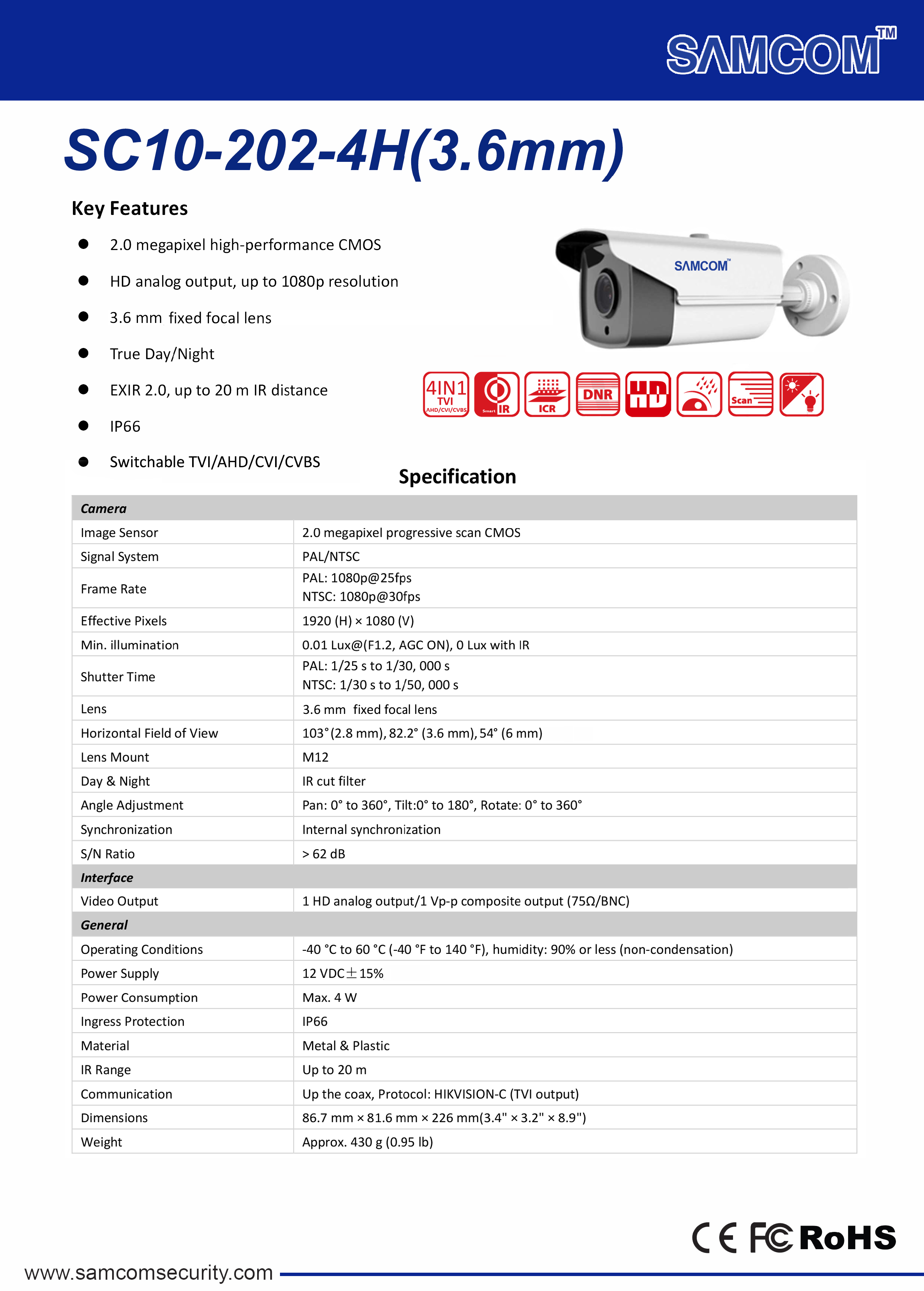 SC10-202-4H 2MP HD IR 3.6mm Fixed Lens Bullet Camera